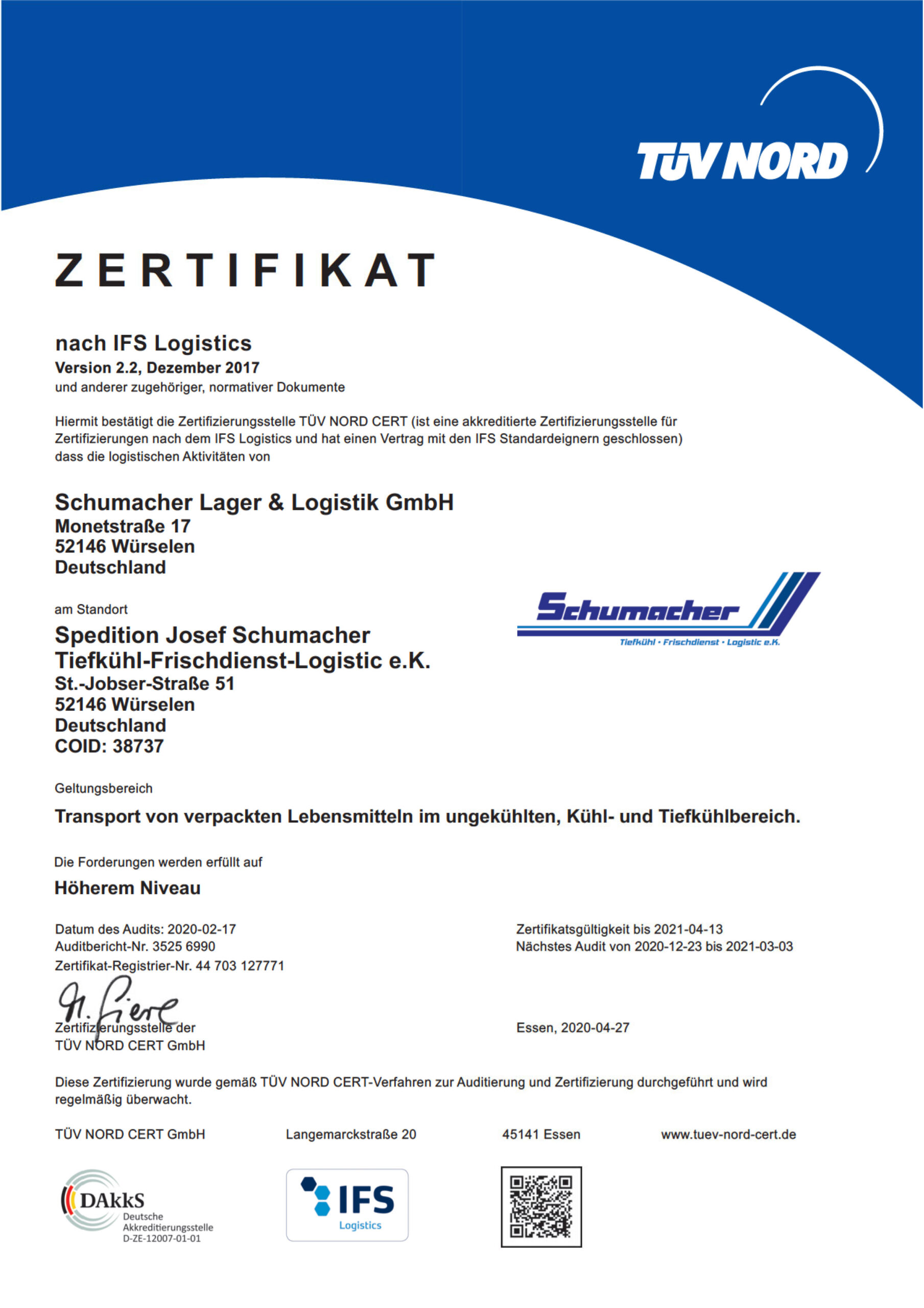 Certificate according to IFS Logistics - 2024 - Spedition Schumacher